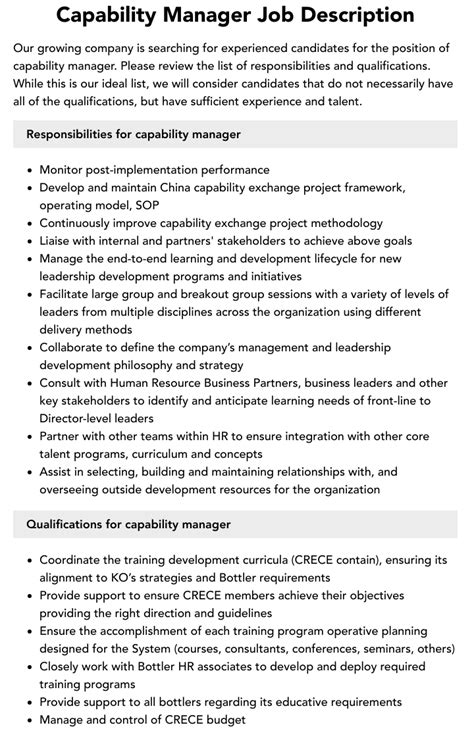 Capability Manager Job Description Velvet Jobs