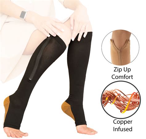 Copper Infused Zipper Compression Socks Zip Up Circulation Pressure Stockings Zippered Knee