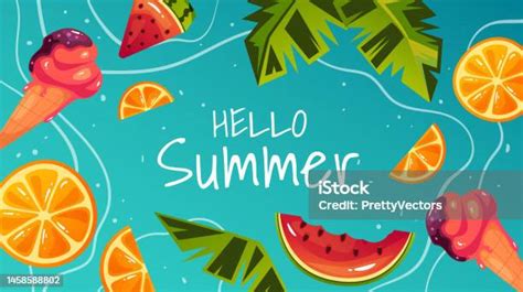 Hello Summer Bunner Poster Cover Flyer Concept Vector Cartoon Graphic Design Element