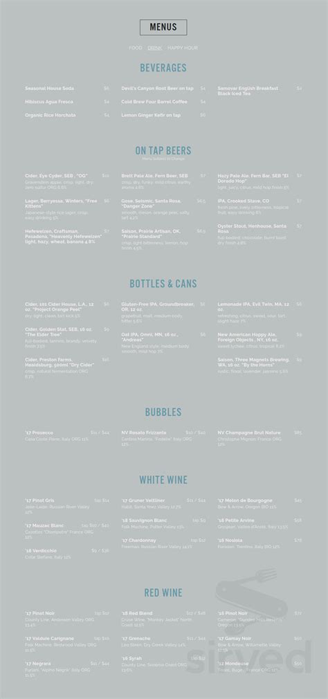 Menu For Handline In Sebastopol Ca Sirved
