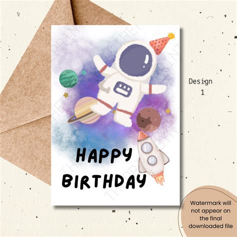 Printable Digital Birthday Card Space Astronaut Galaxy Theme Rocket