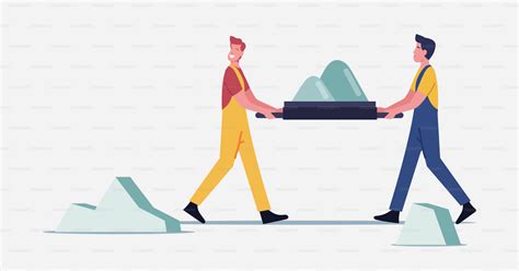 제복을 입은 건축업자들은 망가진 잔해를 들것에 실어 나릅니다 노동자 남성 캐릭터는 건물을 철거하고 건설 현장에서 일하면서 먼지와 쓰레기를 제거합니다 만화 사람들 벡터