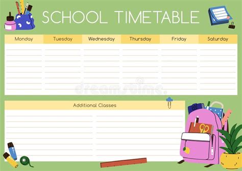 School Timetable Design Every Day Lessons Schedule Template Blank