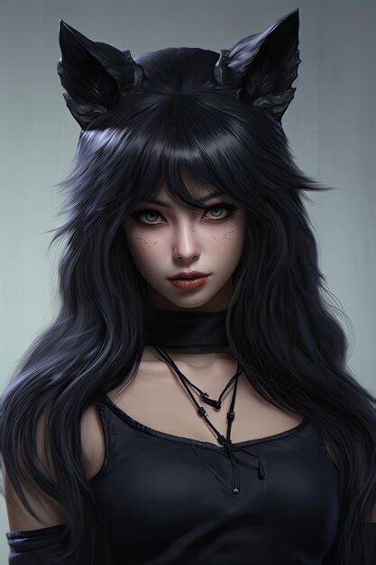 Premium Ai Image A Woman With Long Black Hair And Cat Ears