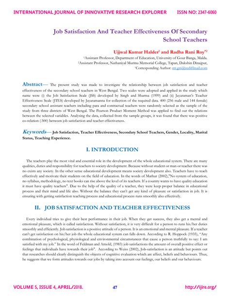 Pdf Job Satisfaction And Teacher Effectiveness Of Secondary School