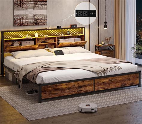 King Size Bed Frame With Headboard Led Light And Usb Charging Station