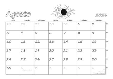 Calendario Agosto 2026 Para Imprimir Pdf Gratuitos Para Imprimir