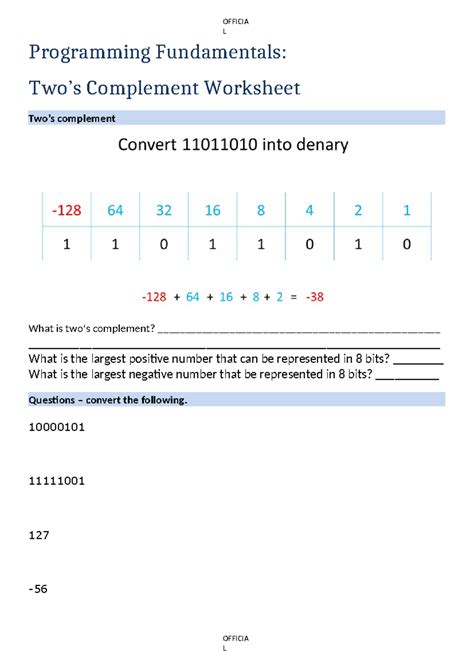 Twos Complement Worksheet Officia L Officia L Programming