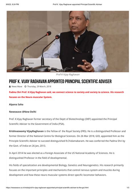 Pdf Prof K Vijay Raghavan Appointed Principal Scientific Adviser India