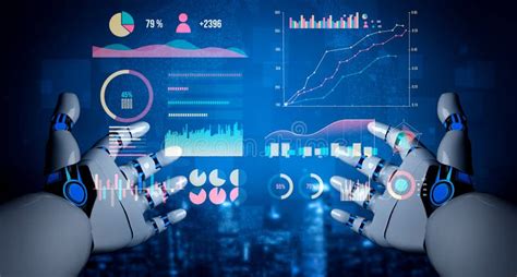 Futuristic Robot Hands Interacting With Data Visualizations And Graphs