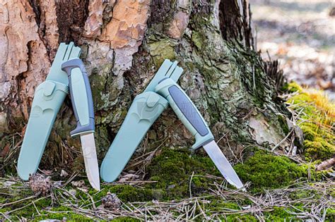 两把相似但刀柄不同的刀。不同钢的刀。松树旁立着几把刀。