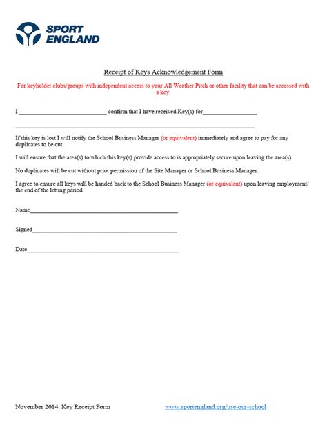 Key Receipt Form Pdf