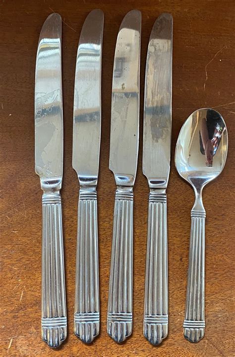 Farberware Stainless Flatware Marissa Pattern Line Design Handle Art Deco Geometric Vintage