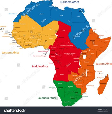 Colorful Regions Of Africa With Countries And Capital Cities Stock