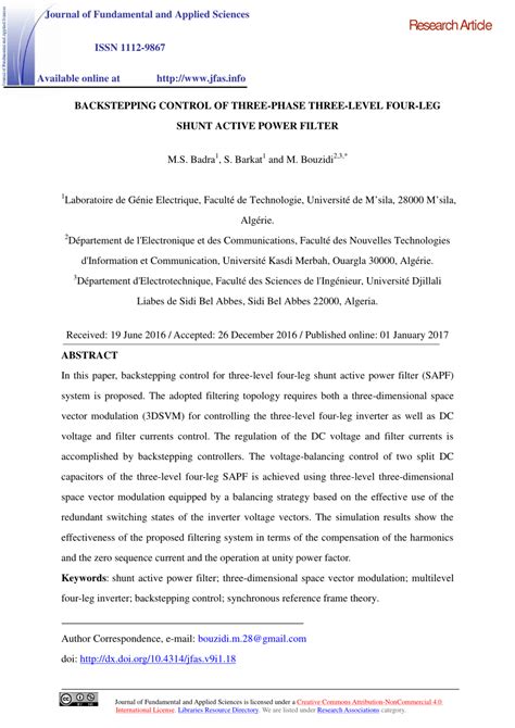 Pdf Backstepping Control Of Three Phase Three Level Four Leg Shunt Active Power Filter