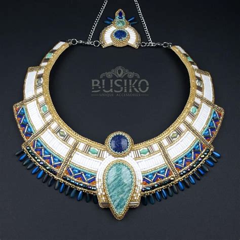 Egyptian Beaded Embroidered Collar Necklace Statement Cleopatra Jewelry