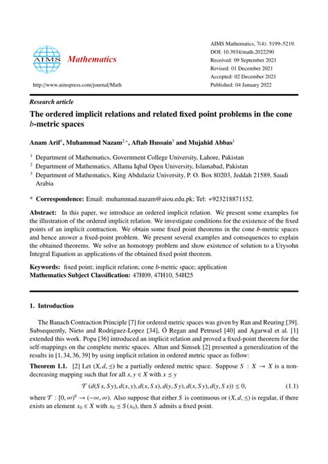 PDF The Ordered Implicit Relations And Related Fixed Point Problems In The Cone B Metric