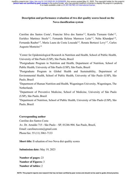 Pdf Description And Performance Evaluation Of Two Diet Quality Scores