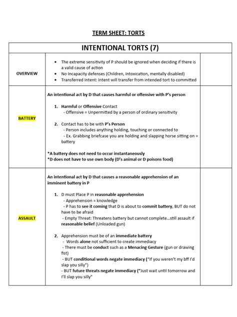 Torts Term Sheet Pdf Negligence Causation Law