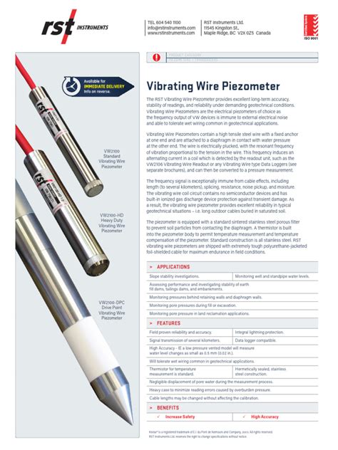 Rst Instruments Vibrating Wire Piezometer Elb0055p 2024 Pdf