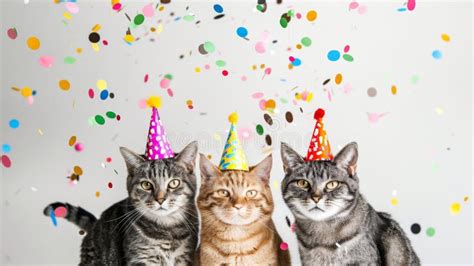 Three Adorable Cats In Birthday Party Hats Stock Image Image Of