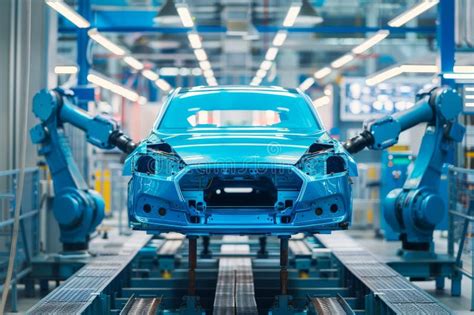 A Blue Car Chassis Moves Along A Modern Assembly Line With Robotic Arms