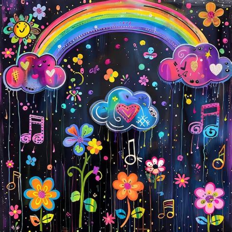 Rainbow And Clouds With Music Notes And Flowers On A Black Background Premium Ai Generated Image