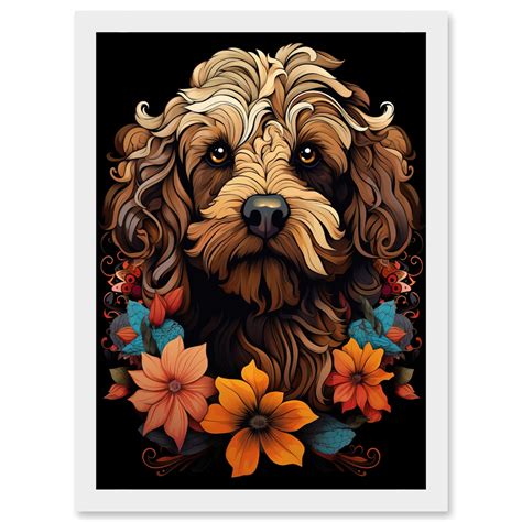 Cockapoo Dog With Flowers Artwork Orange Brown Blue Floral Art Nouveau