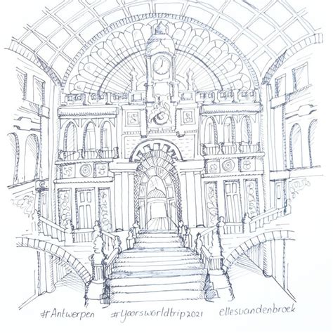 Antwerpen Station Pentekening Pen Drawing Travel Around The World