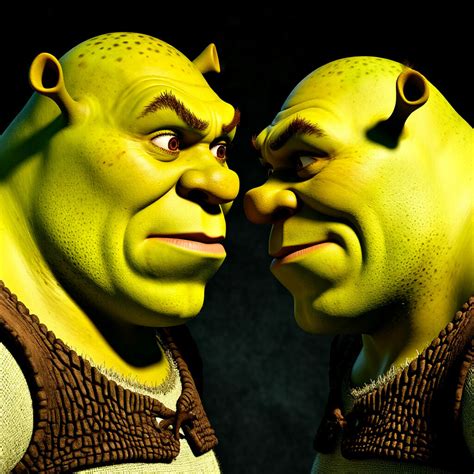The Two Shreks Collide With Their Foreheads Their Faces Contorted