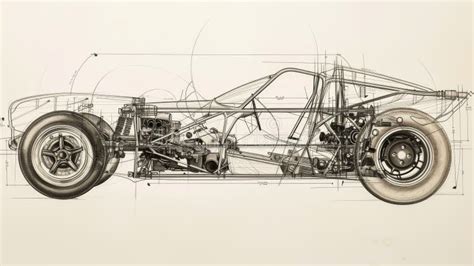 Technical Sketch Of A Race Car Chassis With Internal Components Stock