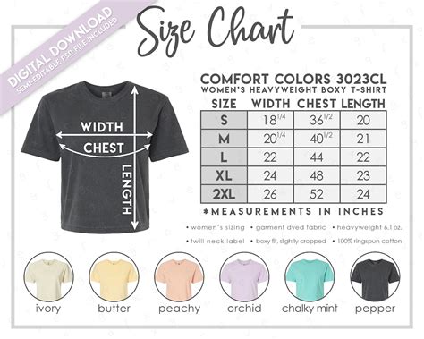 Semi Editable Comfort Colors 3023cl Size Color Chart • Comfort Colors
