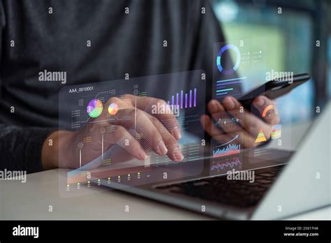 Hands Analyzing Data Digital Dashboards With Charts And Graphs On A Laptop And Smartphone Kpi