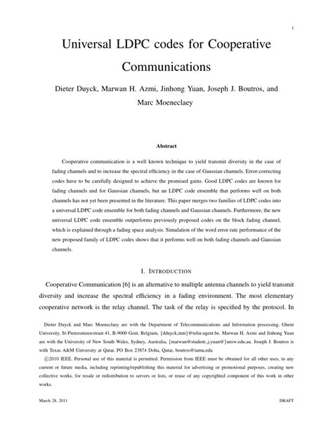 Pdf Universal Ldpc Codes For Cooperative Communications