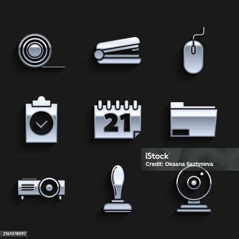 캘린더 스탬프 웹 카메라 문서 폴더 프리젠테이션 영화 영화 미디어 프로젝터 완료된 작업 컴퓨터 마우스 및 스카치 아이콘을 설정합니다 벡터 0명에 대한 스톡 벡터 아트 및