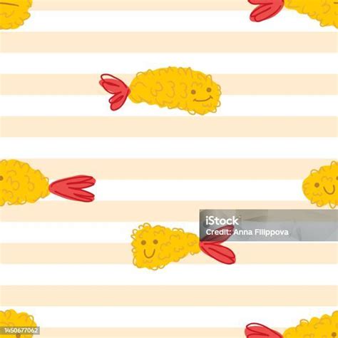 에비 후라이 새우 튀김 재미 있는 캐릭터 원활한 패턴 티 종이 섬유 및 직물을위한 완벽한 인쇄 장식과 디자인을 위한 손으로 그린 벡터 배경 0명에 대한 스톡 벡터 아트 및