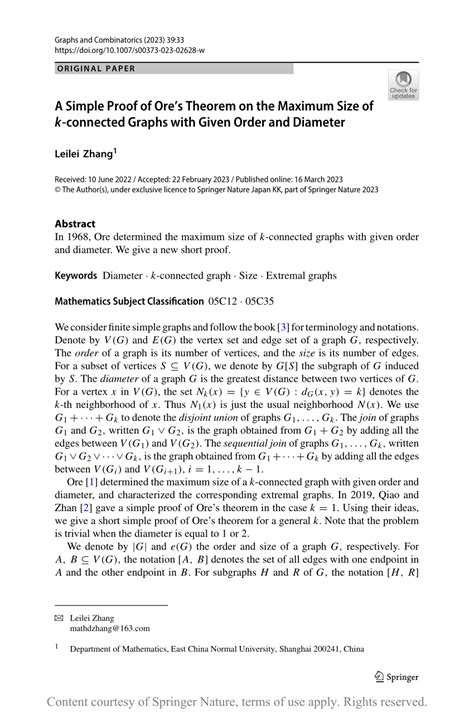A Simple Proof Of Ores Theorem On The Maximum Size Of K Connected