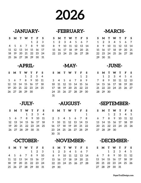 2026 Calendar Printable 1 Page Calendar 2025