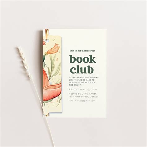 Simple Book Club Invitation Template With Bookmark Customizable And