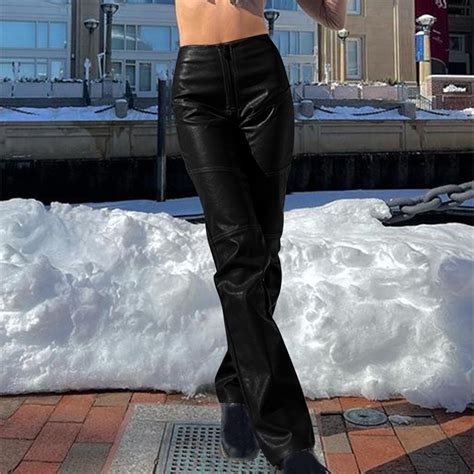 Selone Black Leather Pants For Women High Waist Trousers With Pockets