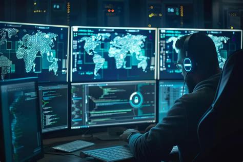 Premium Photo Cybersecurity Expert Analyzing Data On Multiple Monitors Digital Lock Icons