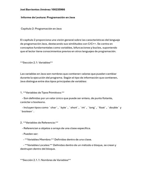 Informe De Lectura Pdf Java Lenguaje De Programación Variable Informática