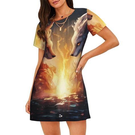 Bingfone Red And White Flame Fox Nightgowns For Women Sleep Shirts Short Sleeve Nightshirt