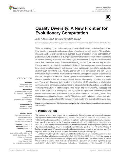 Pdf Quality Diversity A New Frontier For Evolutionary Computation