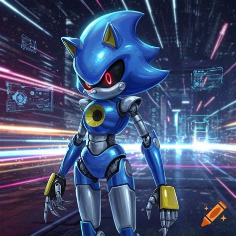 A Blue And Silver Robot Resembling Metal Sonic Stands In A Futuristic