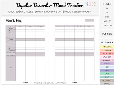 Undated Bipolar Disorder Mood And Sleep Tracker Printable Bipolar