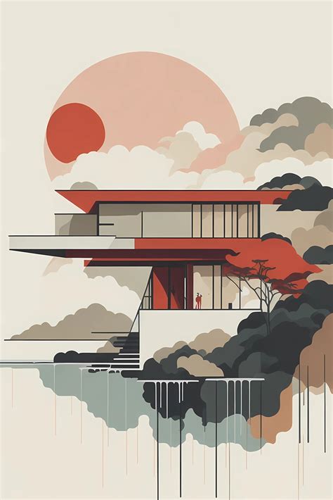Ilustração Artísticos Frank Lloyd Wright Falling Water House Europosters
