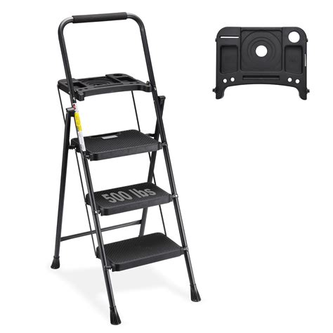 Hbtower 3 Step Ladder With Tool Tray Folding Step Stool With Wide Non