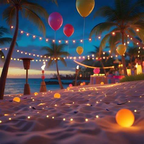 A Vibrant Beach Party Scene At Dusk Featuring Colorful Balloons Floating In The Air And String