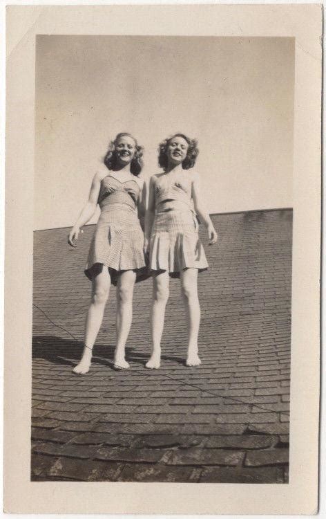 2 Young Women Barefoot On Sloping Shingle Roof 1940s 1910028221